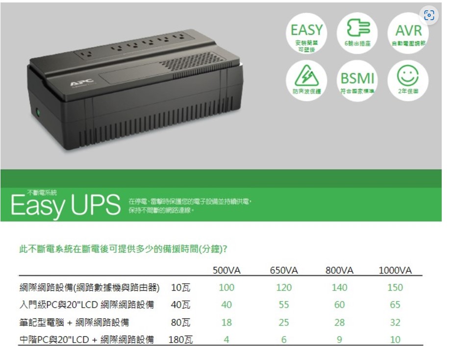 APC BV500-TW在線互動UPS不斷電系統 - 展新科技
